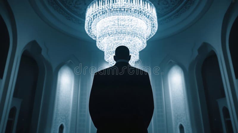 Man in Suit Stands Beneath a Grand Chandelier Stock Illustration ...