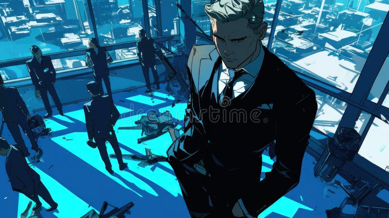 A Man in a Suit Stands in a Destroyed Office Overlooking a Cityscape ...