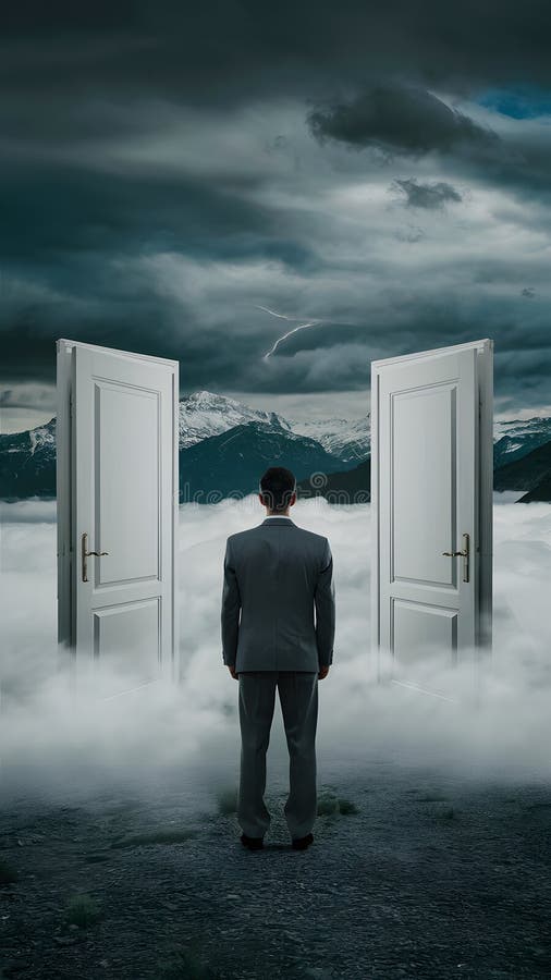 Man in Suit Stands Facing Open Doors in Cloudy Landscape with Mountain ...