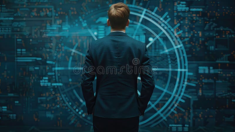 A Man in a Suit Stands in Front of a Computer Monitor with a Large ...