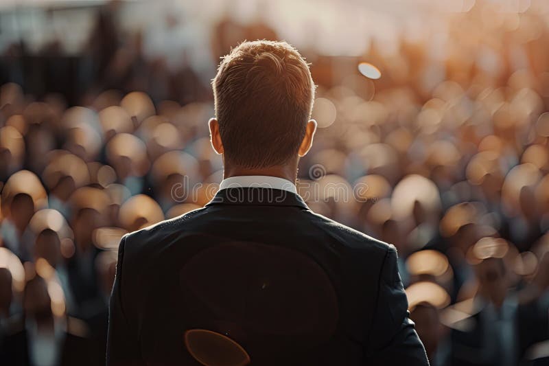 A Man in a Suit Stands in Front of a Crowd, Addressing the Audience ...