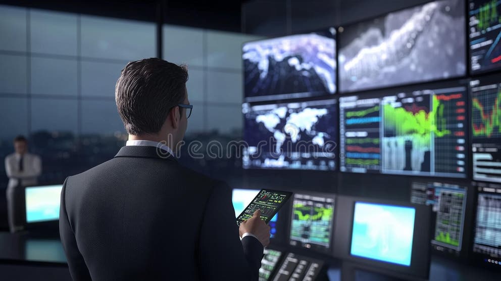Photorealistic Image of a Weather Forecaster Analyzing Data on Multiple ...