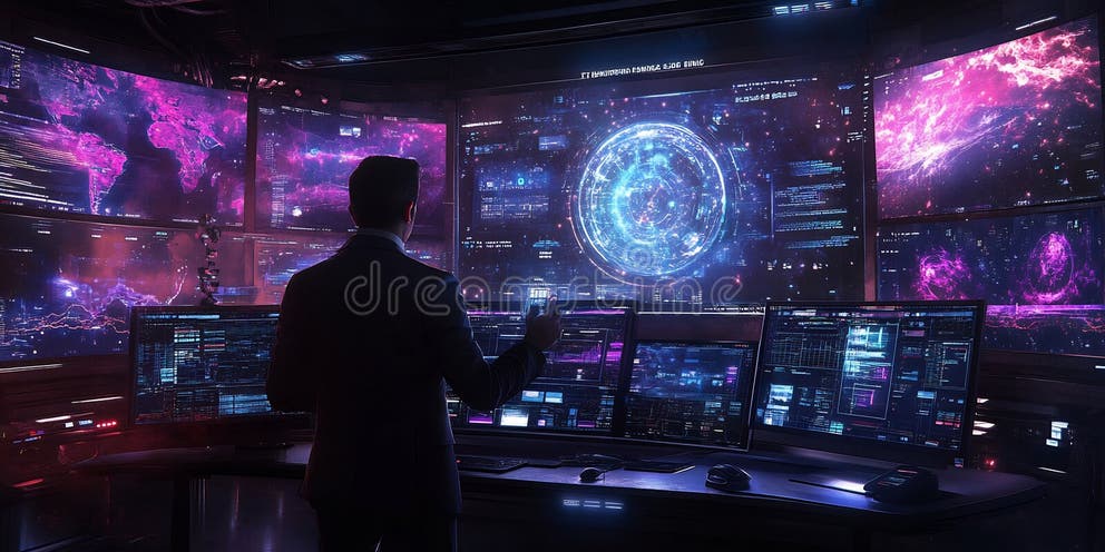 Man in Suit Standing in Front of Multiple Screens Displaying Data and Maps Stock Illustration ...