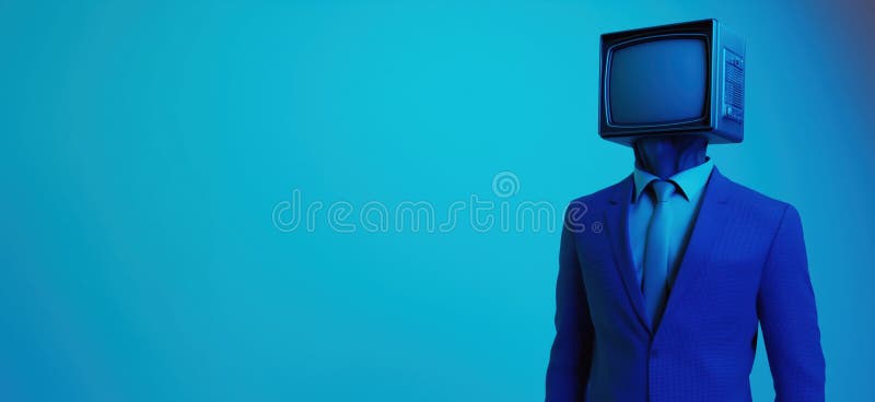 Man in Suit with Television Head Against Blue Background Representing ...