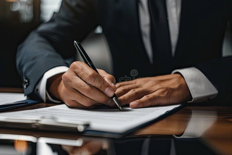 A Man in a Suit and Tie is Carefully Signing a Document Stock Image ...