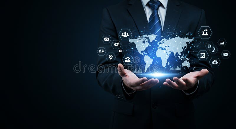 A Man in a Suit and Tie Holds a Digital Representation of a World Map ...