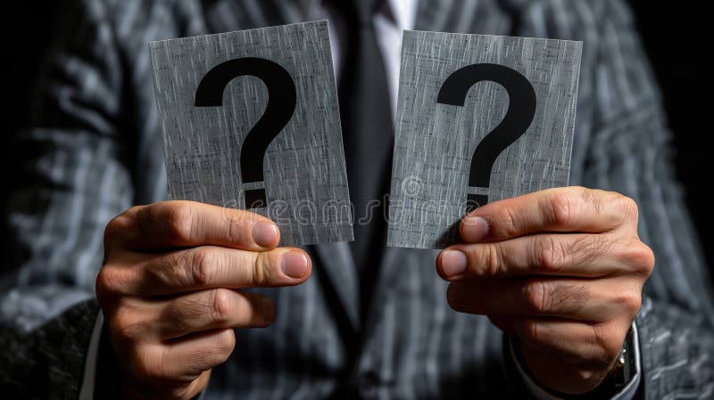 A Man in a Suit and Tie Holds Two Cards with Question Marks Stock Photo ...