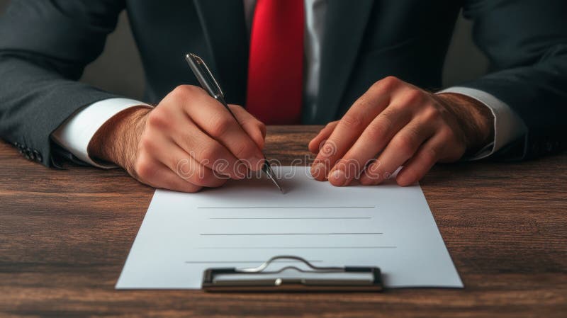 A Man in a Suit and Tie Writing on Paper with Pen, AI Stock Image ...