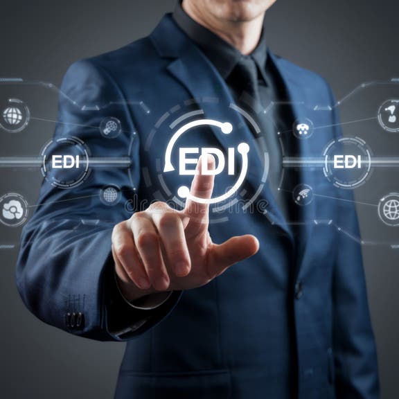 Man in Suit Touching Edi Interface with Finger Pointing at the Center ...