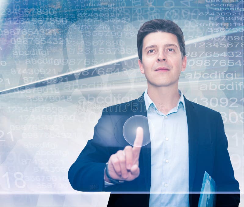 Man in Suit Touching Screen Stock Image - Image of urban, shape: 230314351