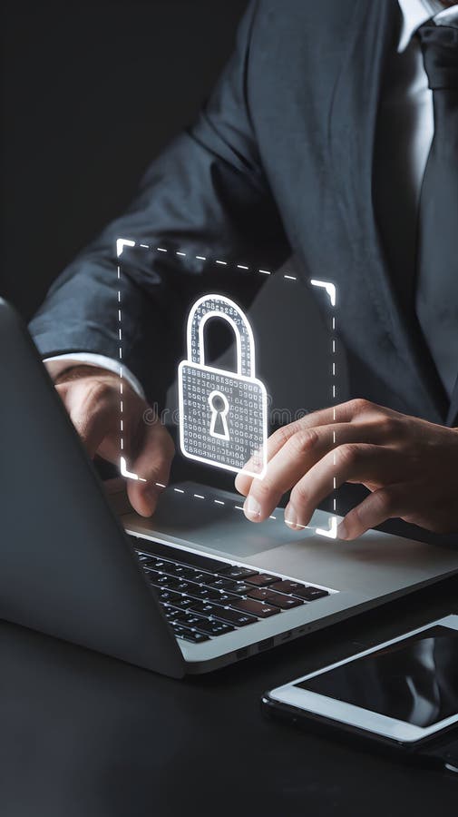 Man in Suit Types, with Holographic Padlock Displayed, Symbolizing ...