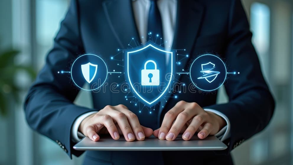 Man in a Suit is Typing on a Laptop with a Blue Screen that Has a ...