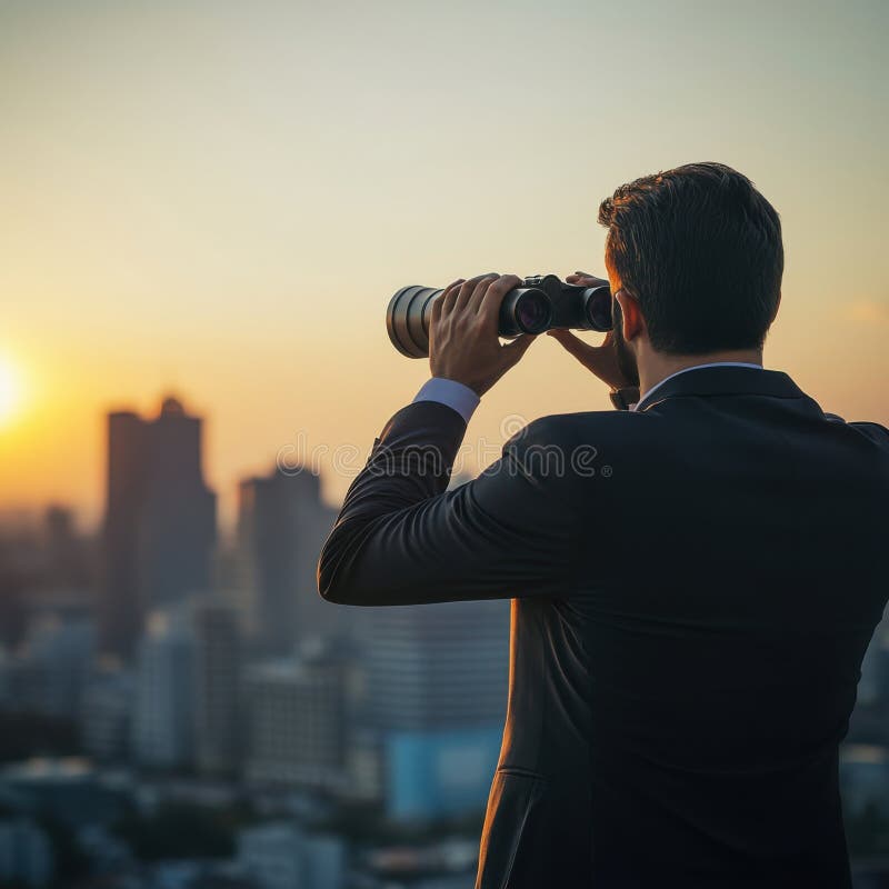 Man in a Suit Using Binoculars for Observation in an Outdoor ...