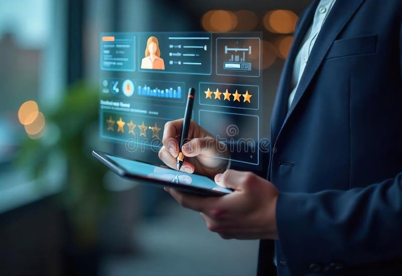 Man in Suit Using Stylus Pen on Tablet with Customer Feedback Data ...