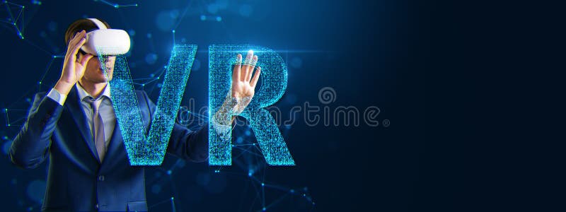 Man in Suit Using VR Headset with Glowing VR Text and Network Graphics ...