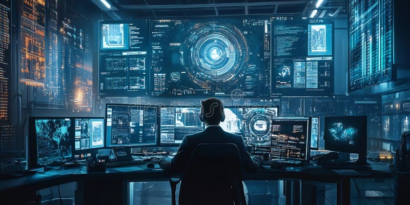 A Man in a Suit is Viewed from Behind, Sitting in Front of Multiple Computer Screens Displaying ...