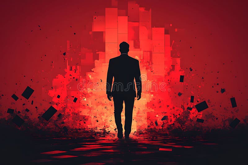 Man in Suit Walking Towards Red, Pixelated Wall Stock Illustration ...