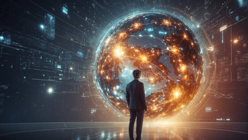 Man in Suit Watches As Streams of Information Circulate Around the ...