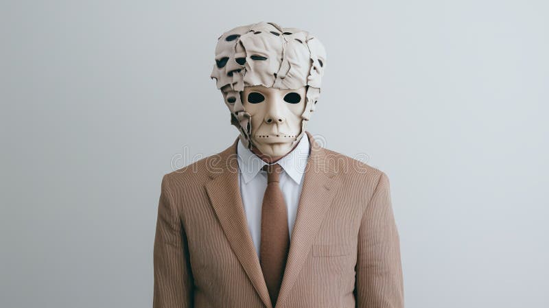 Man in Suit Wearing Unique Mask with Multiple Faces, Creating Surreal ...