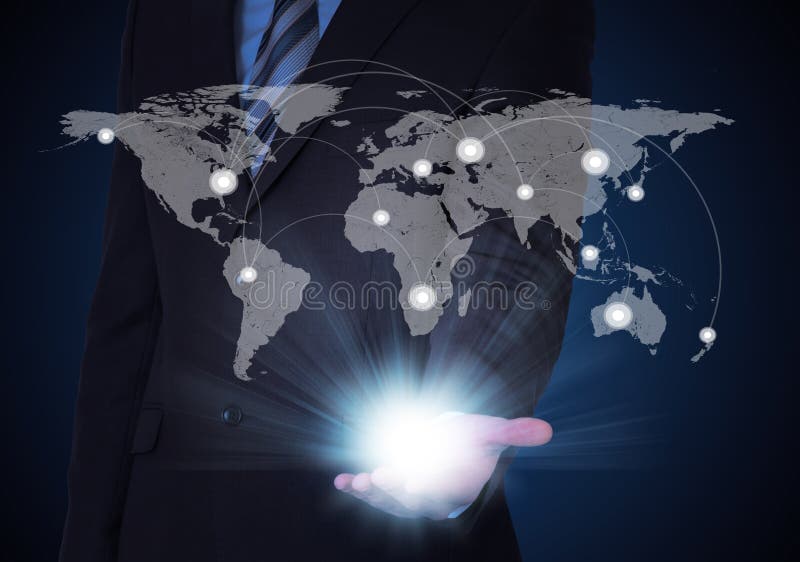Man in Suit, World Map and Contacts Stock Photo - Image of hand ...