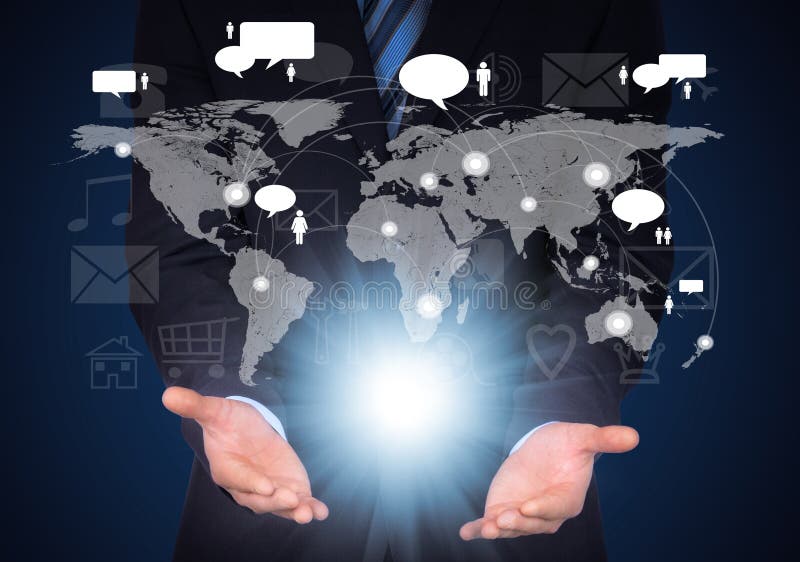 Man in Suit, World Map and Contacts Stock Photo - Image of icon ...