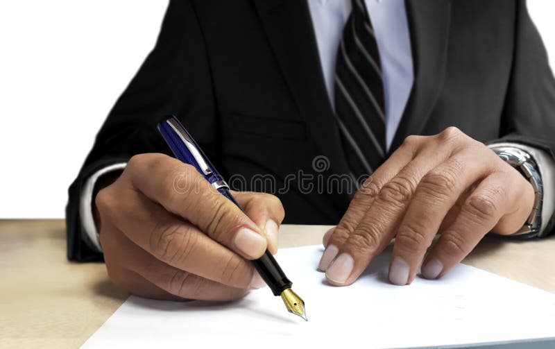 Man in Suit Writing on Blank Paper from Front View Angle Stock Photo ...