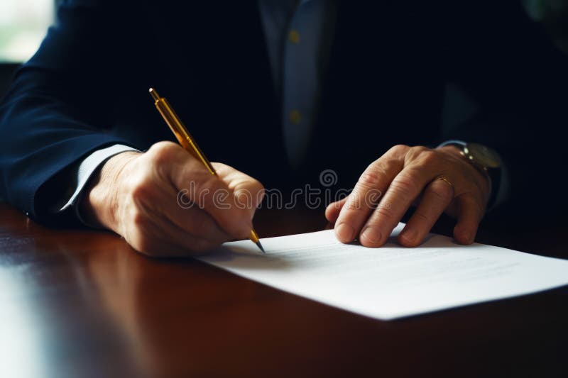Man in Suit Writing on Piece of Paper with Pen. Generative AI Stock ...