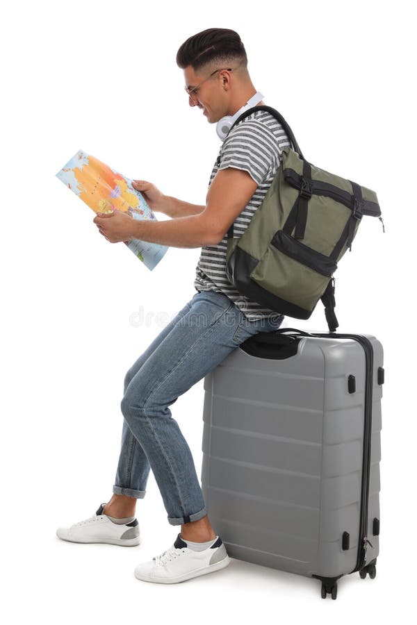 Man with Suitcase and Backpack Reading Map on White Background. Summer ...
