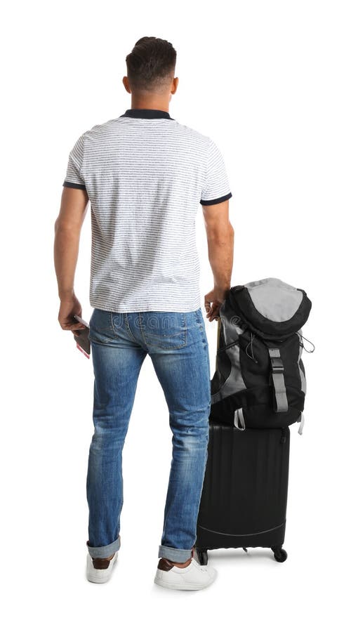 Man with Suitcase and Backpack for Vacation Trip on White Background ...