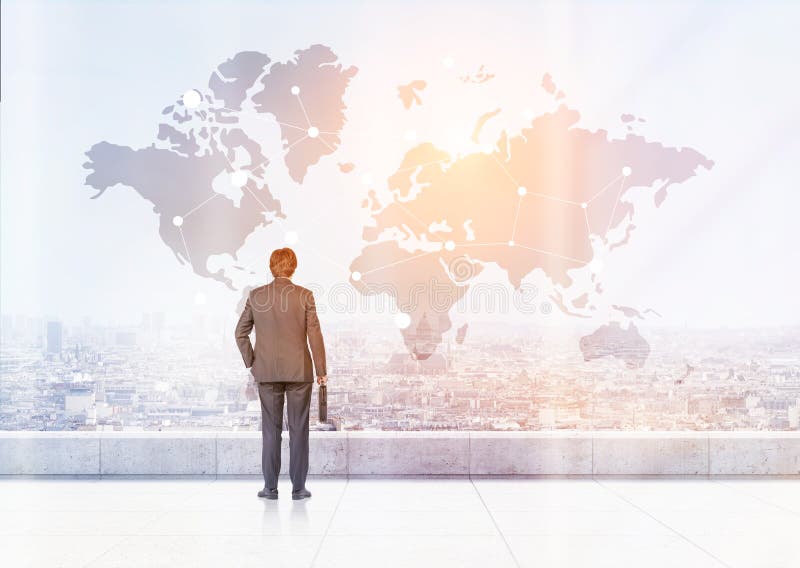 Man Looking at World Map and Cityscape Stock Photo - Image of ...