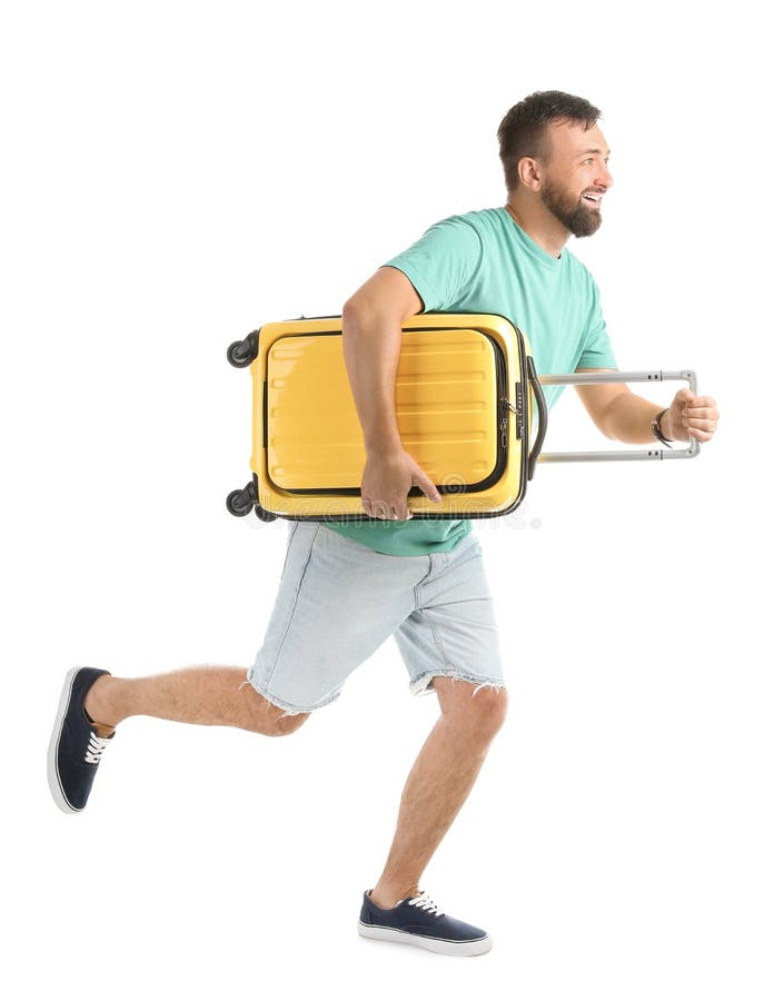 Man with Suitcase Running on White Background. Stock Image - Image of ...