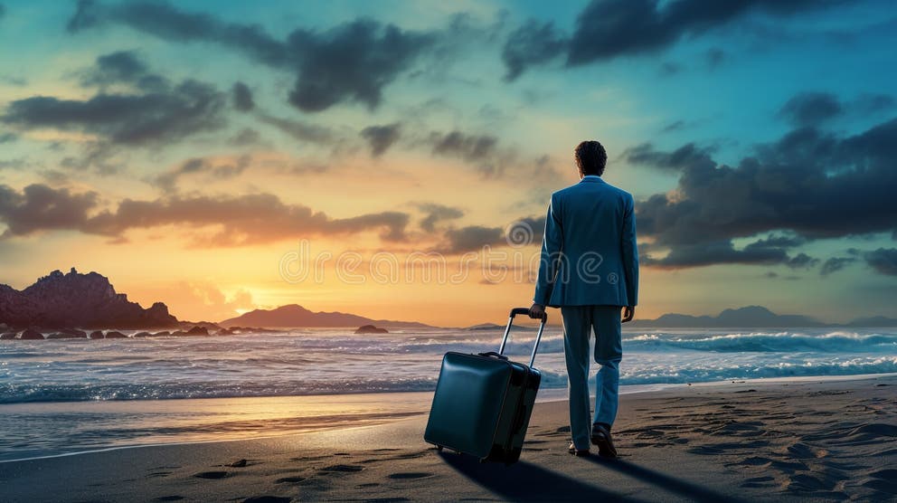Man with Suitcase Standing on Beach, Storytelling Concept - Generative ...