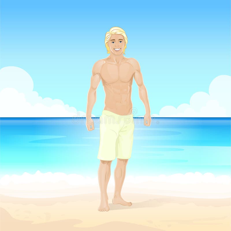 Man Summer Beach, Muscular Body Guy Stock Vector - Illustration of ...