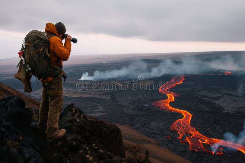 Man on Summit with Binoculars Overlooking a Lava River Valley Stock ...