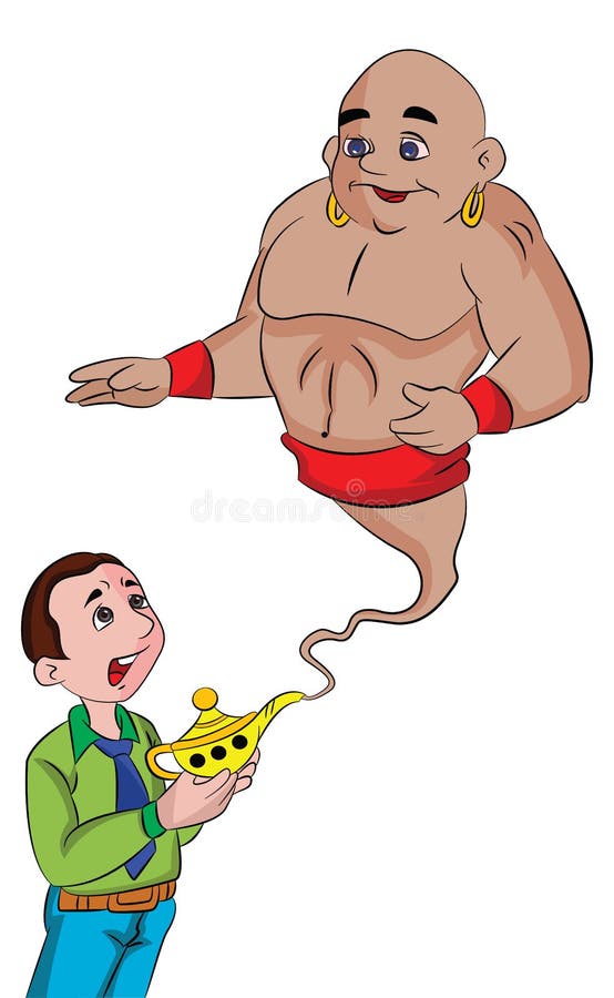 Man Summoning a Genie from a Magic Lamp, Illustration Stock Vector ...