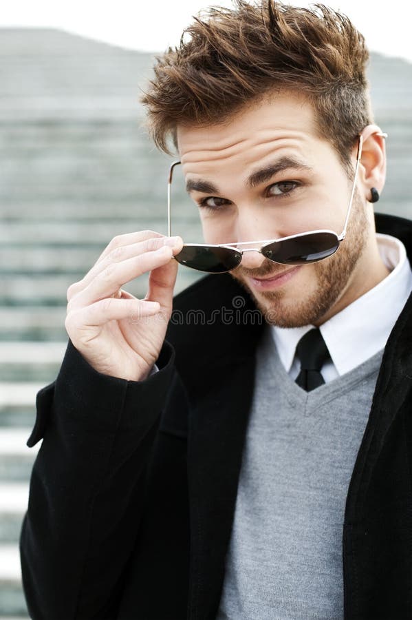 Cool Fashion Model Man Plain T-shirt Sunglasses Stock Image - Image of ...