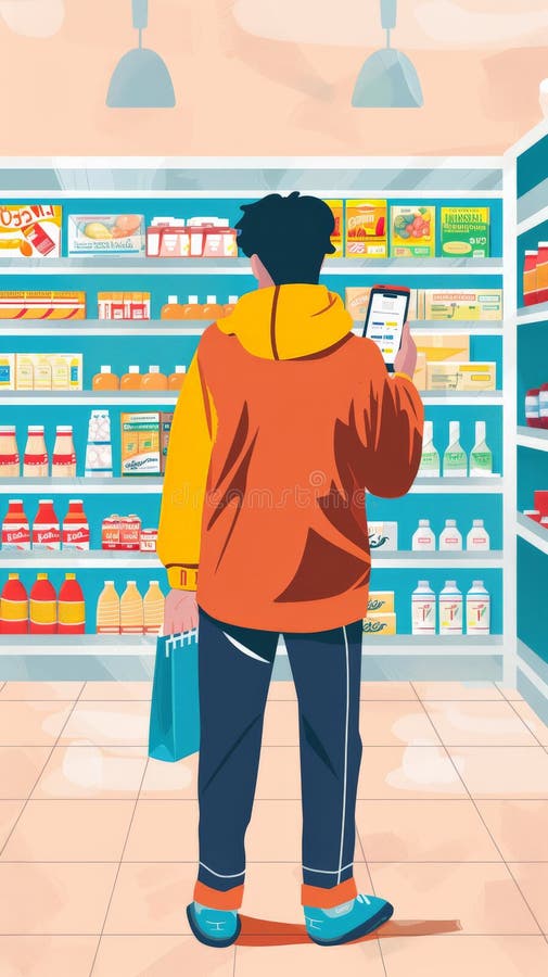 Man in a Supermarket Comparing Products on His Phone, Modern Consumer ...