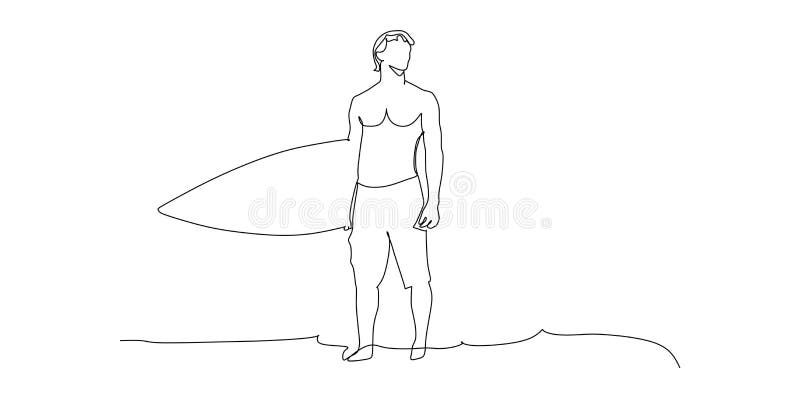 Man Surfer Holdong Surfboard at the Beach - Continuous One Line Drawing ...
