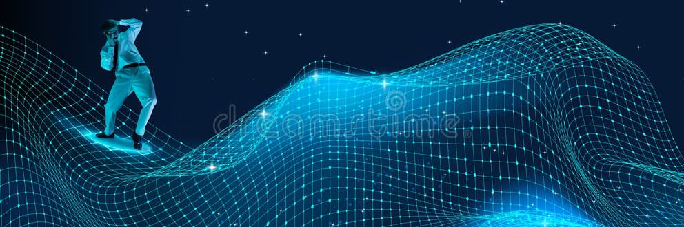 Man Surfing Bright Blue Wave, Talking on Phone. Digital Transformation ...