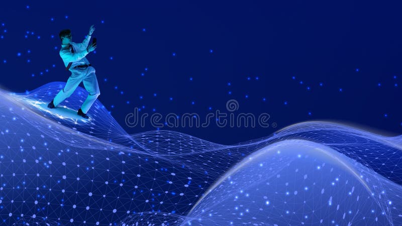 Man Surfing Dynamic Blue Grid, Checking Smartphone, Illustrating ...