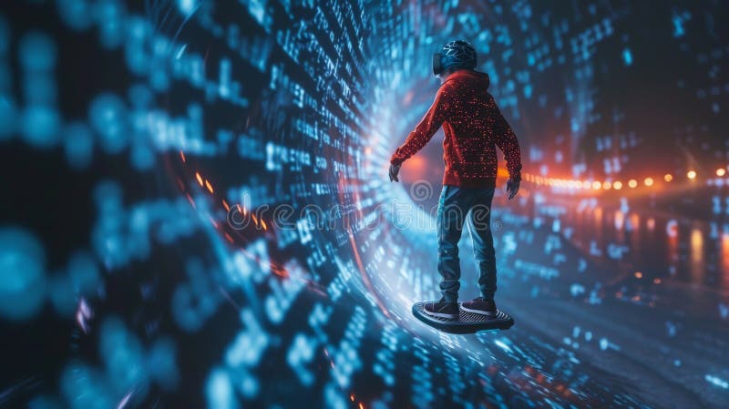 Man Surfing on a Hoverboard through a Futuristic Binary Code Tunnel ...