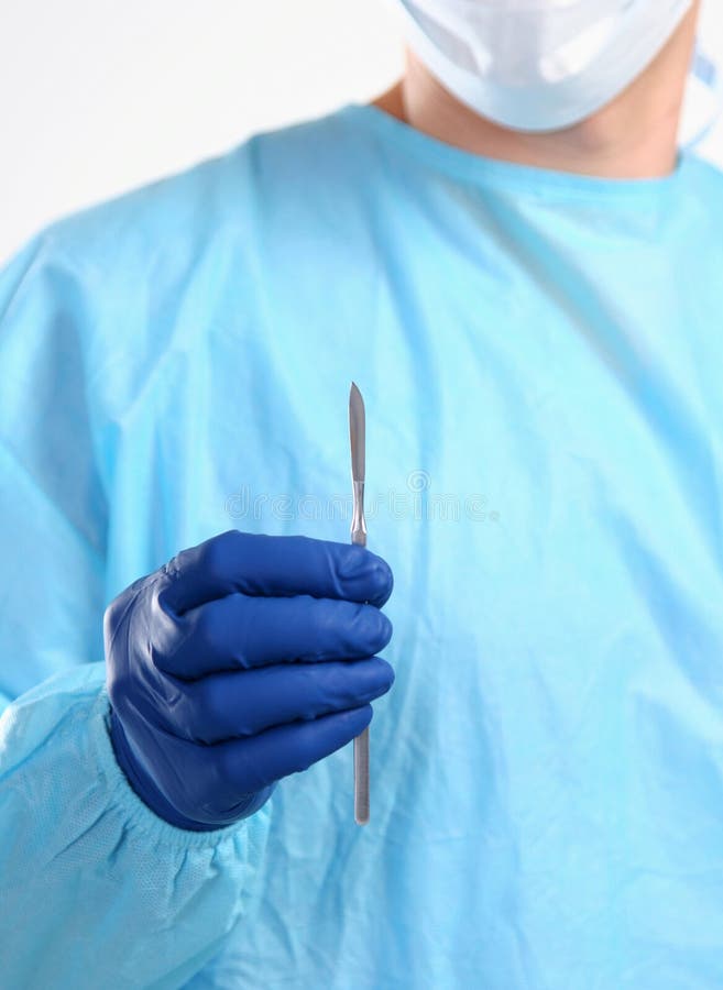 Surgeon Hand Hold Scalpel and Tweezers while Cut Cure Wound Closeup ...