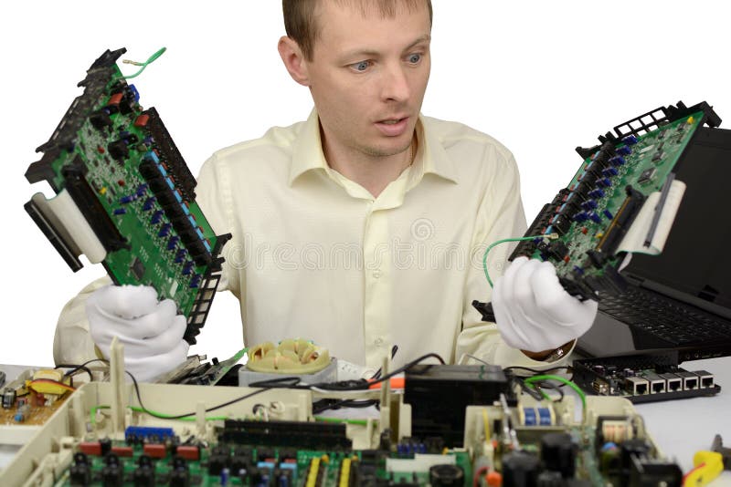 Man with Surprise Looks at Parts Computers Stock Photo - Image of ...