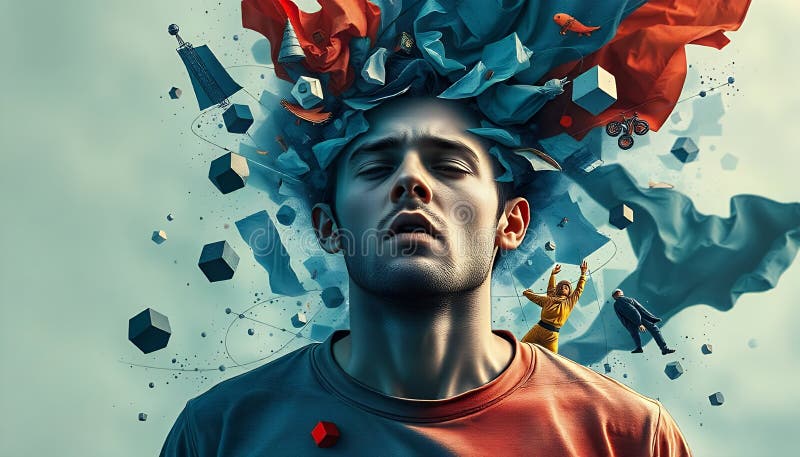Man with Surreal Mindscape Representing Thought Process and Mental ...