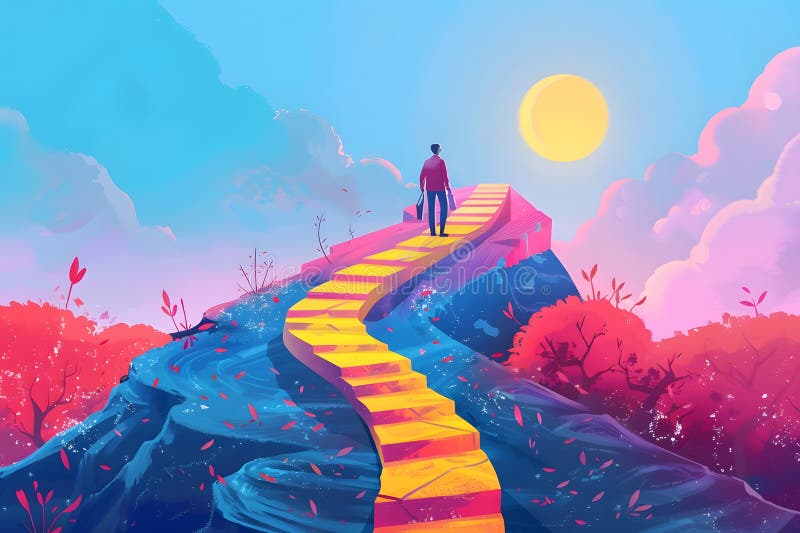 Man on a Surreal Sunset Path Above the Clouds Illustration Stock ...