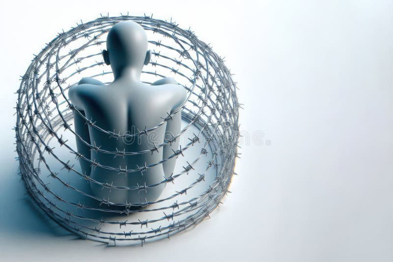 A Man Surrounded by Barbed Wire. Space for Text. Stock Image - Image of ...