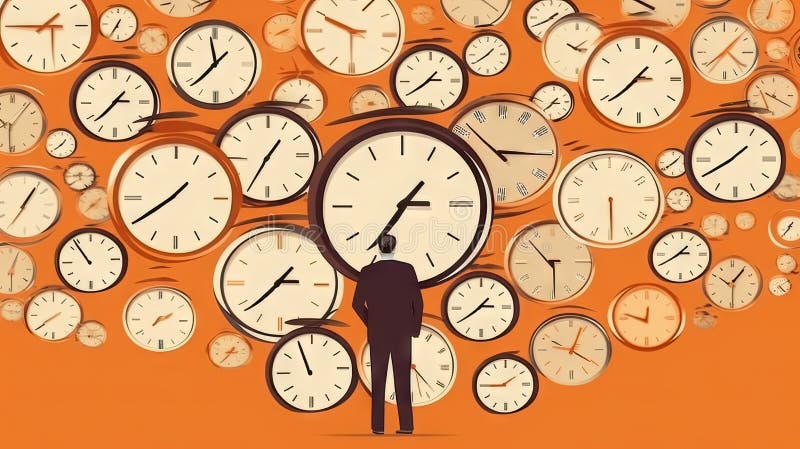 Man Surrounded by Clocks Illustrates Time Management and Deadline ...