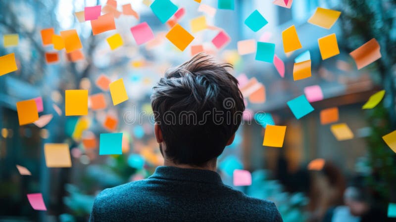 Man Surrounded by Colorful Sticky Notes, Back View Stock Illustration ...