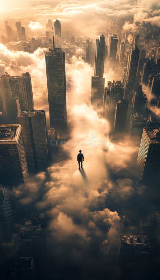 A Man Surrounded by Ethereal Clouds and Urban Structures, Evoking ...