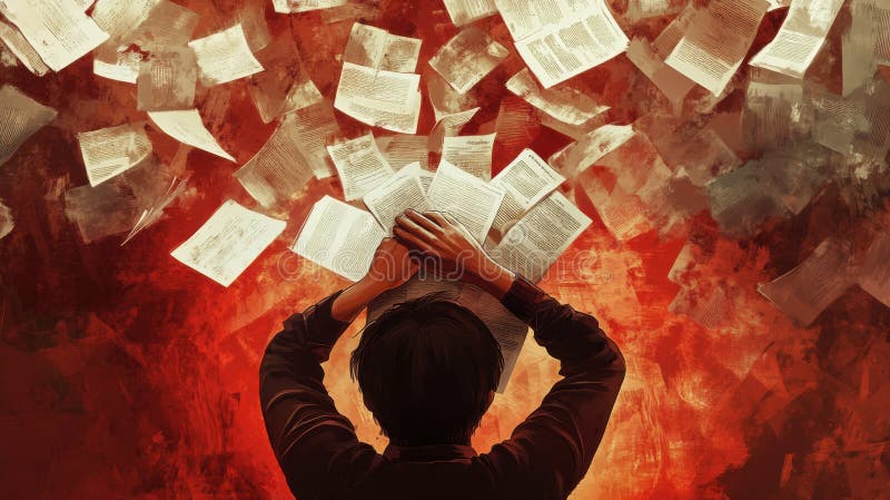 Man Surrounded by Flying Papers in Dramatic Artistic Setting Stock ...